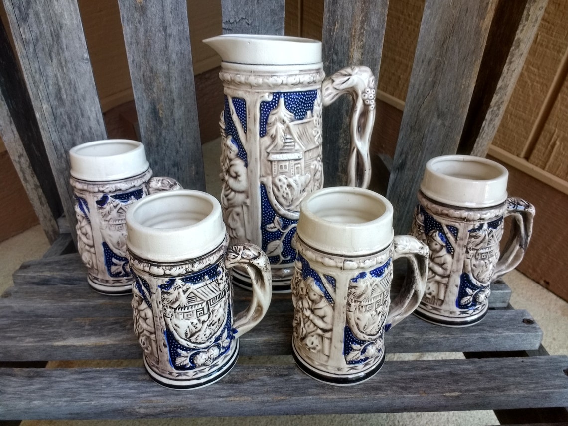 Vintage Beer Steins and Matching Pitcher off White and Colbalt | Etsy