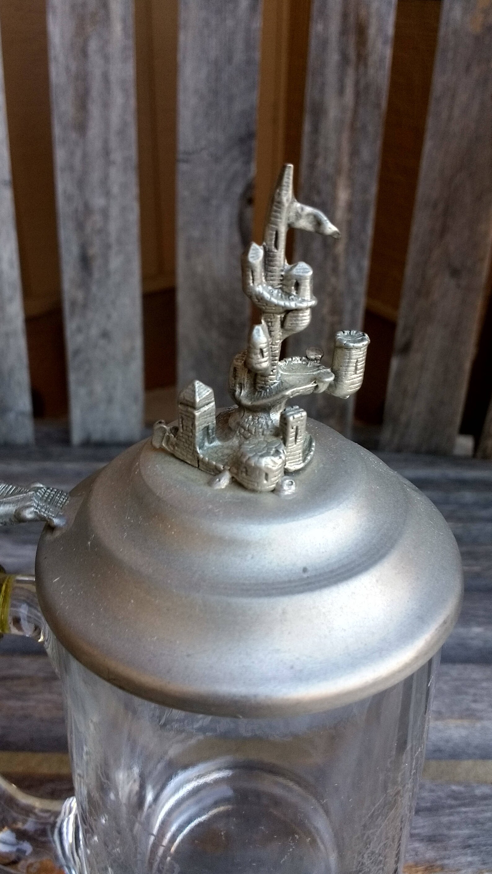 Vintage Ballena Bay Pewter Castle Beer Stein Etched Glass and Pewter ...
