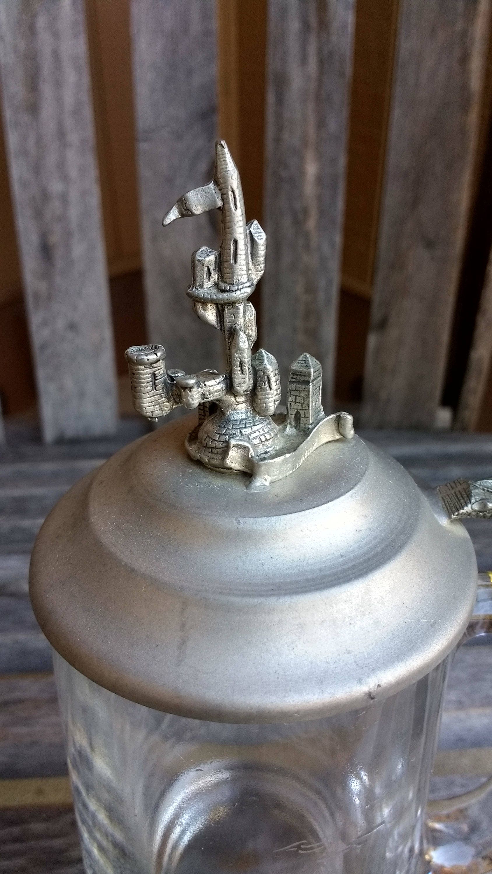 Vintage Ballena Bay Pewter Castle Beer Stein Etched Glass and Pewter ...