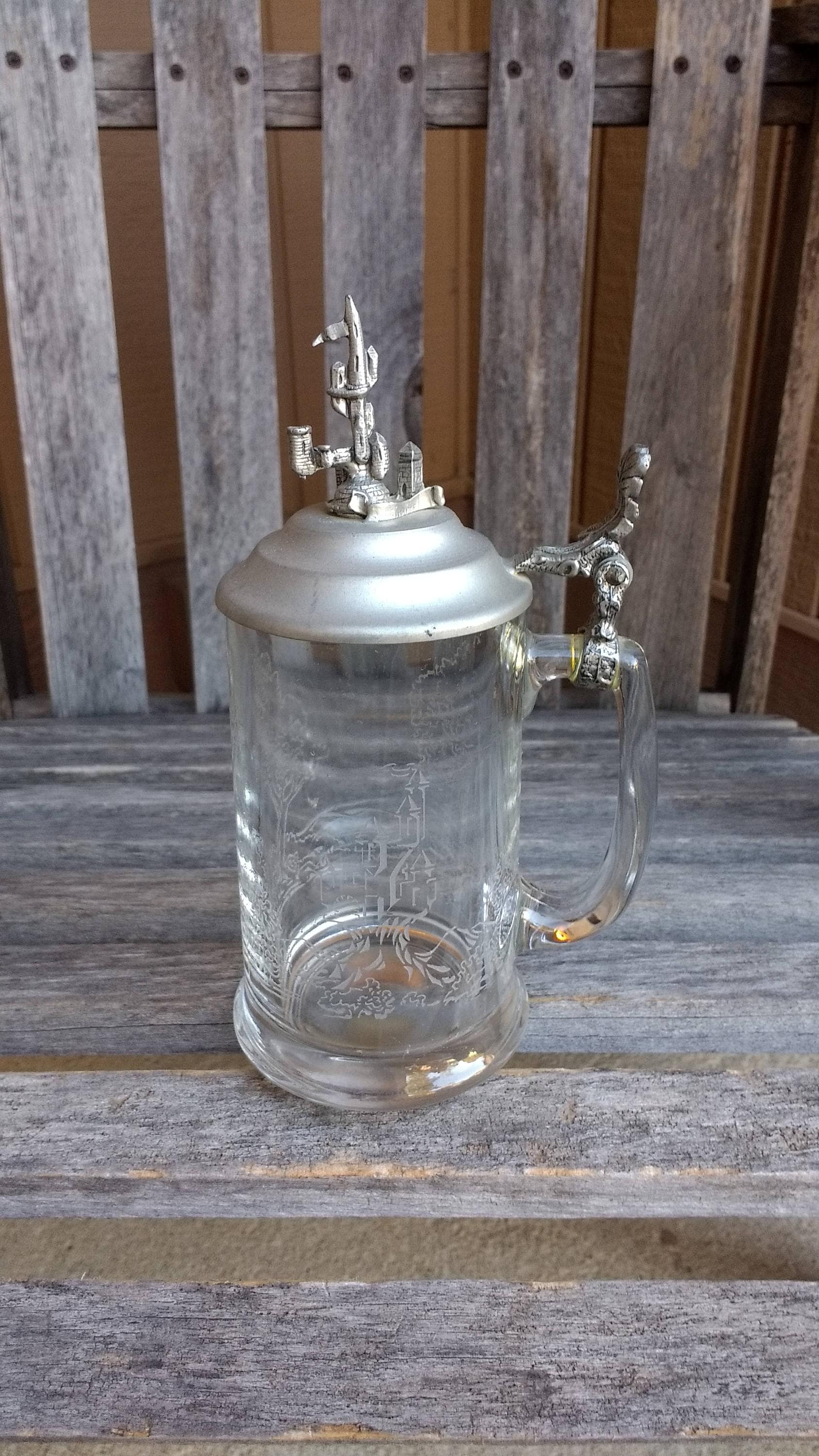 Vintage Ballena Bay Pewter Castle Beer Stein Etched Glass and Pewter ...