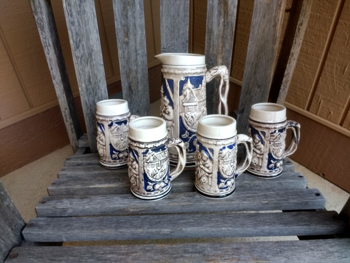 Vintage Beer Steins and Matching Pitcher off White and Colbalt | Etsy