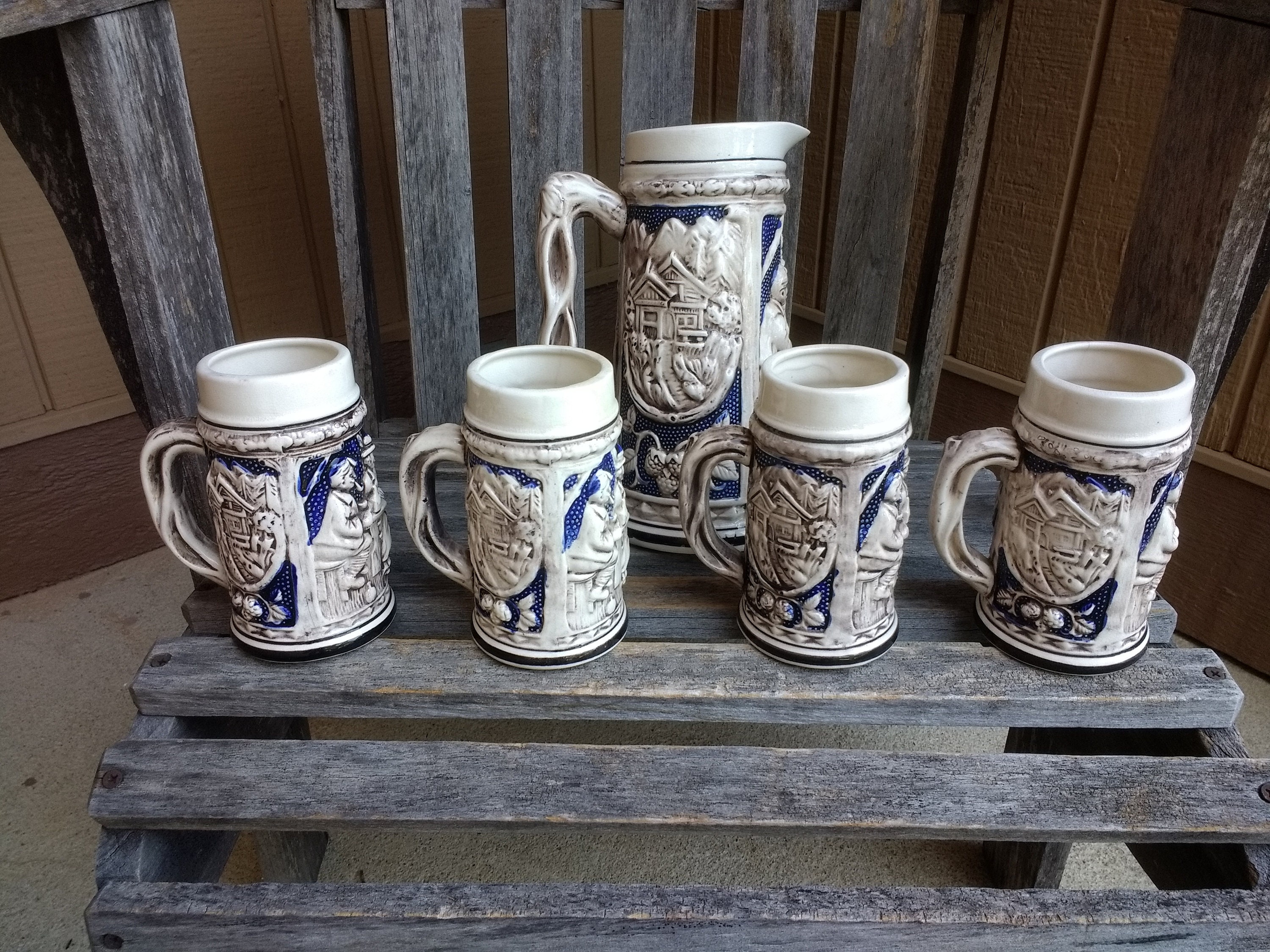 Vintage Beer Steins and Matching Pitcher off White and Colbalt | Etsy