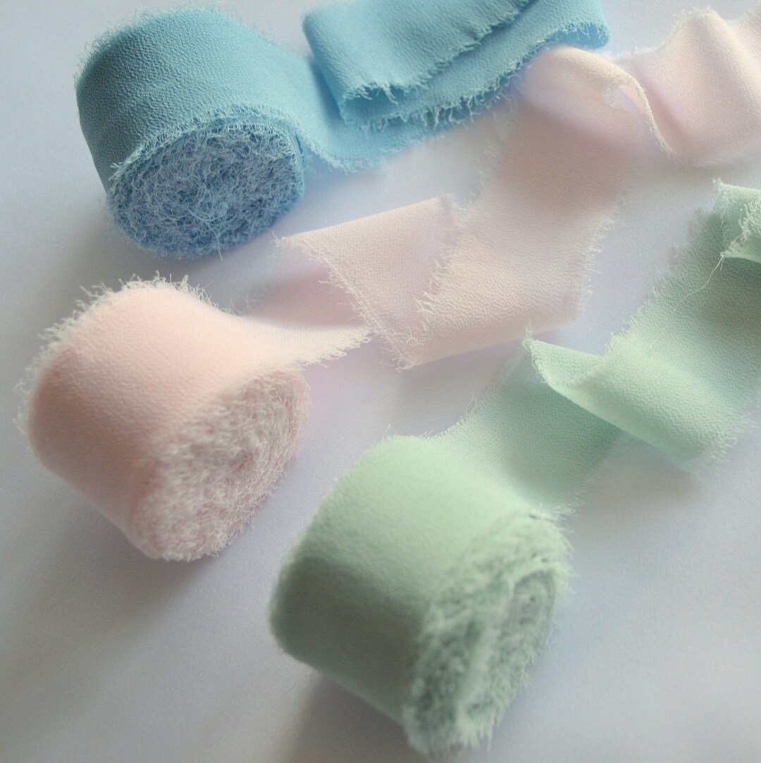 Handmade Frayed Edge Chiffon Ribbon: Pale Blue, Sage Green, Pink - 5 ...