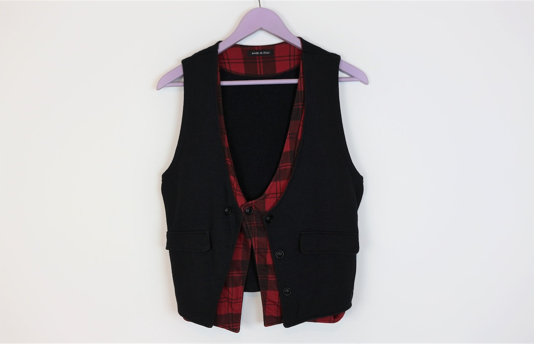 Mens Vest Steapmpunk Black Red Vest Quality Cotton Red Check Waistcoat ...