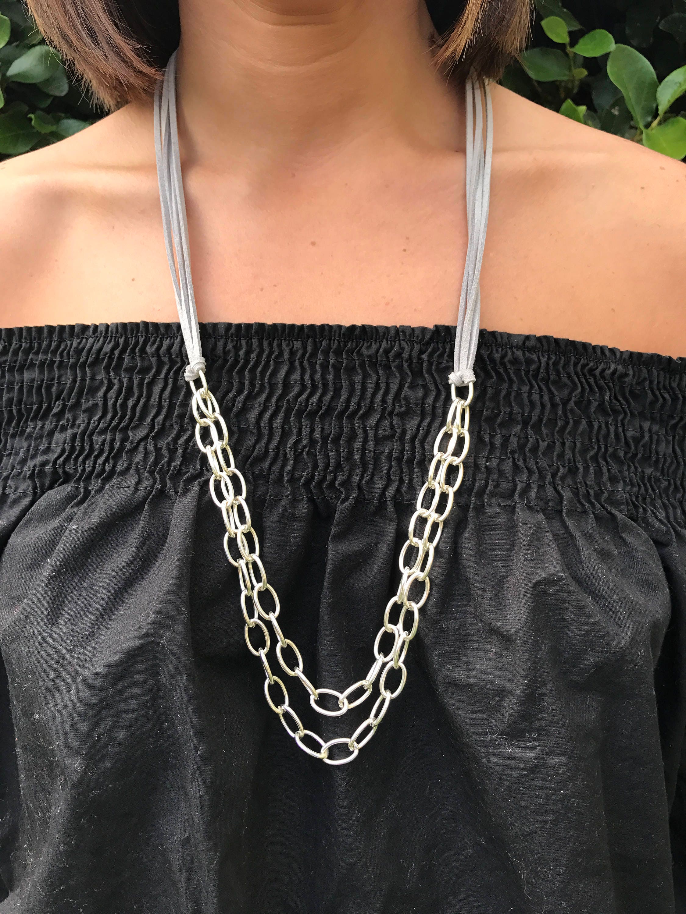 ATHENS // Chain Suede Necklace / Statement Chain Necklace / - Etsy