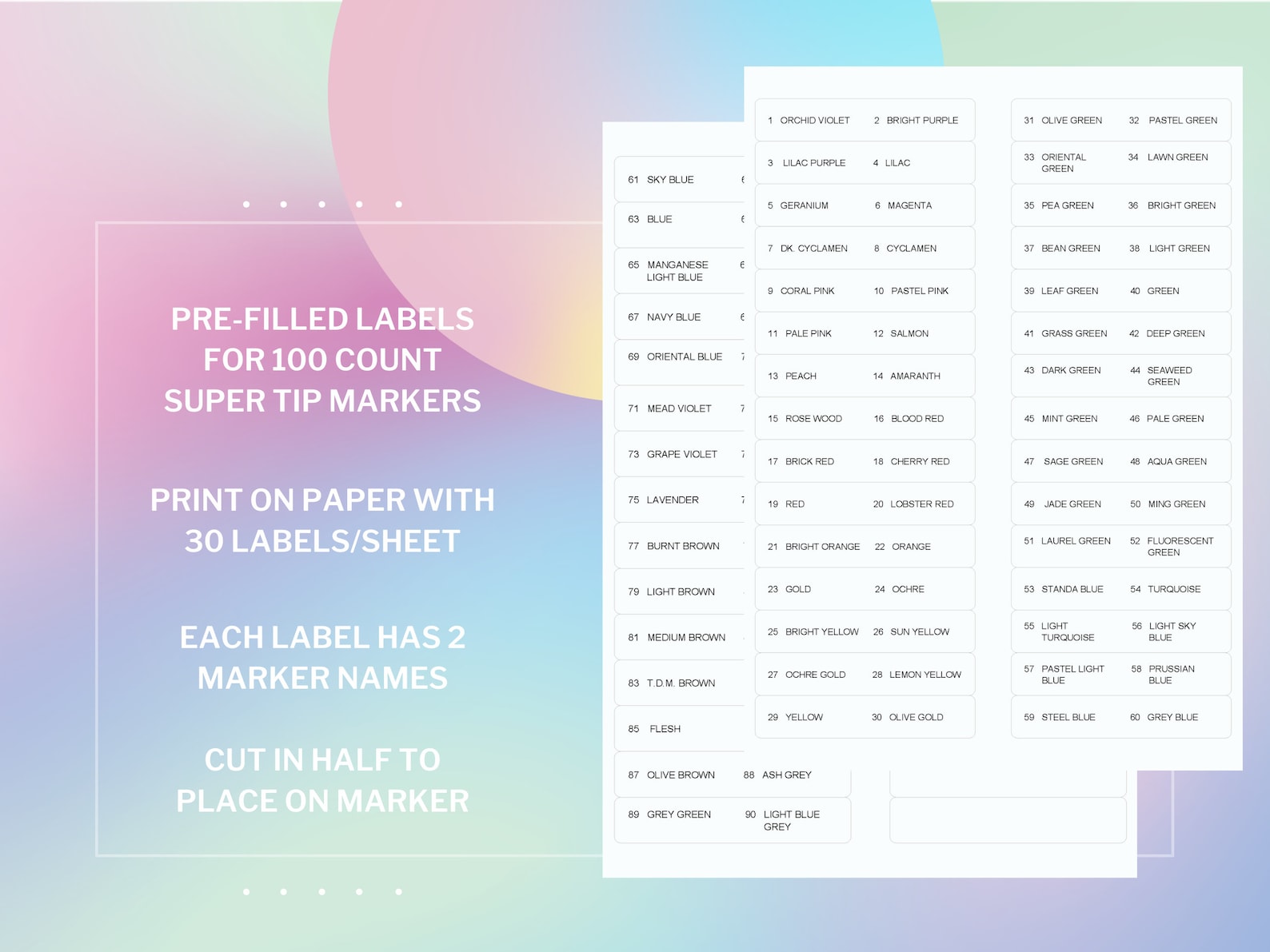 Crayola Color Chart | 100 Color Swatch Chart | 8 Set DIY Digital PDF ...