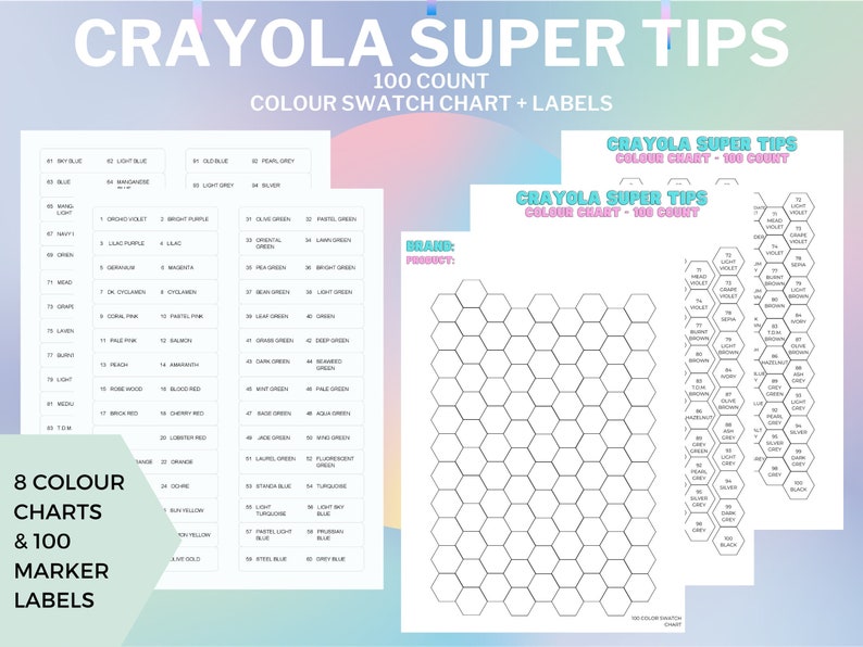 Crayola Color Chart | 100 Color Swatch Chart | 8 Set DIY Digital PDF ...