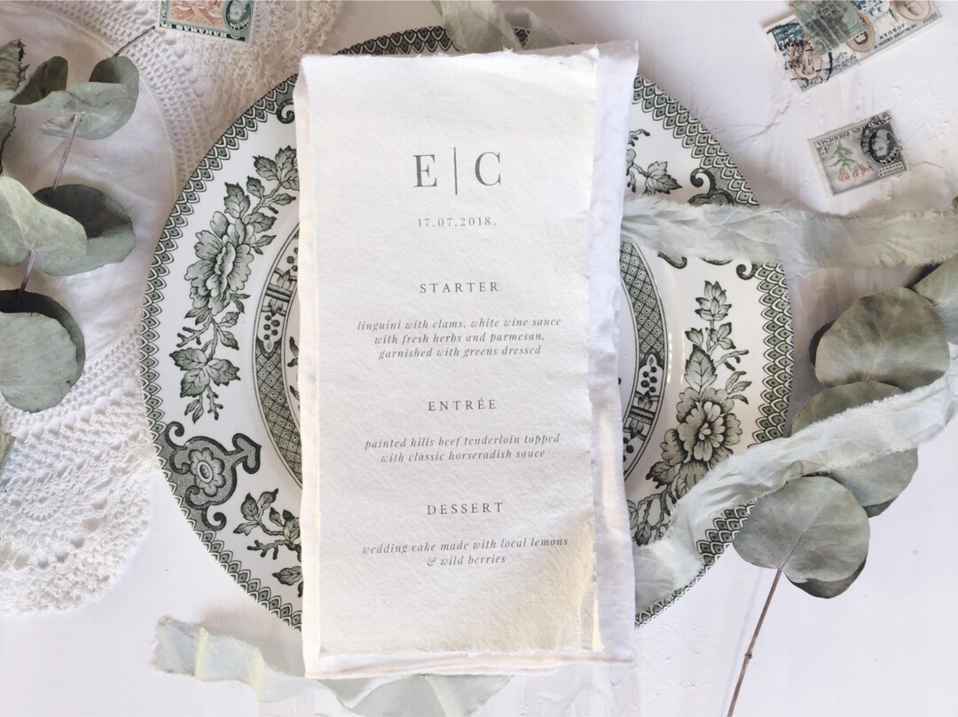 Ethereal Wedding Dinner Menus on Handmade Paper / Party Dinner Menu ...