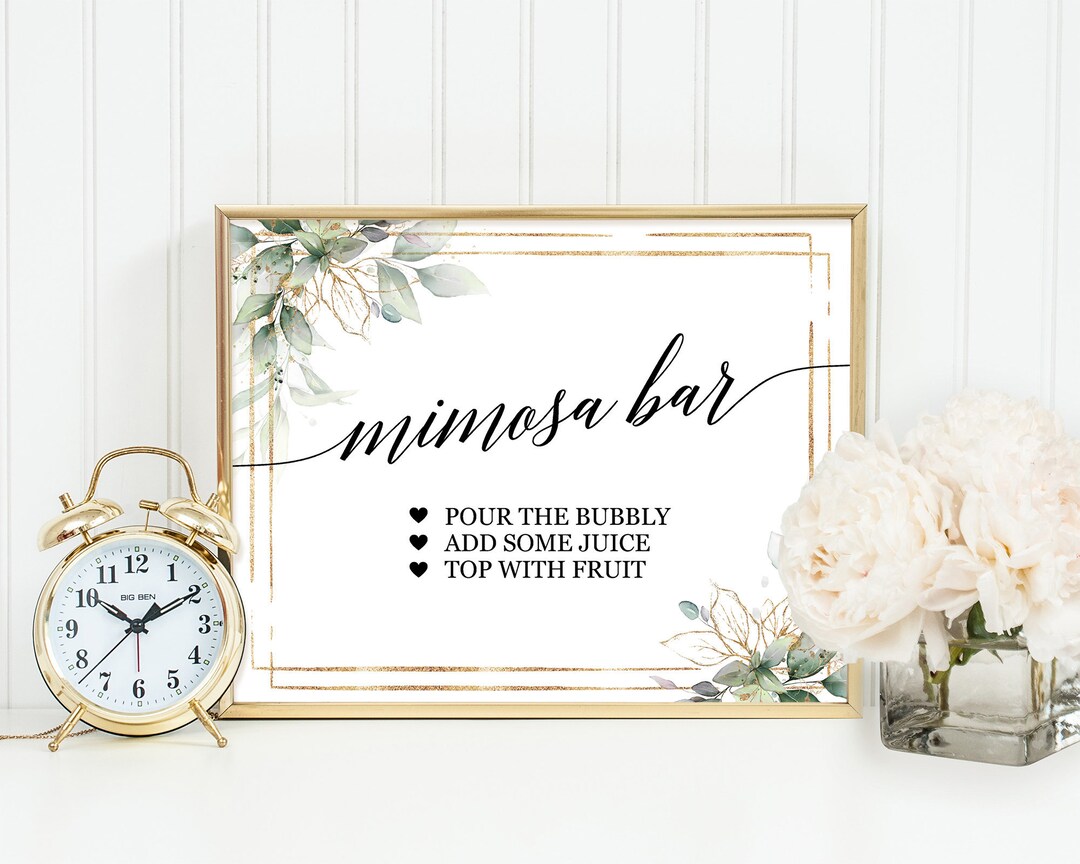 Mimosa Bar Sign Greenery Gold, Boho Bridal Shower Mimosa Bar Sign ...