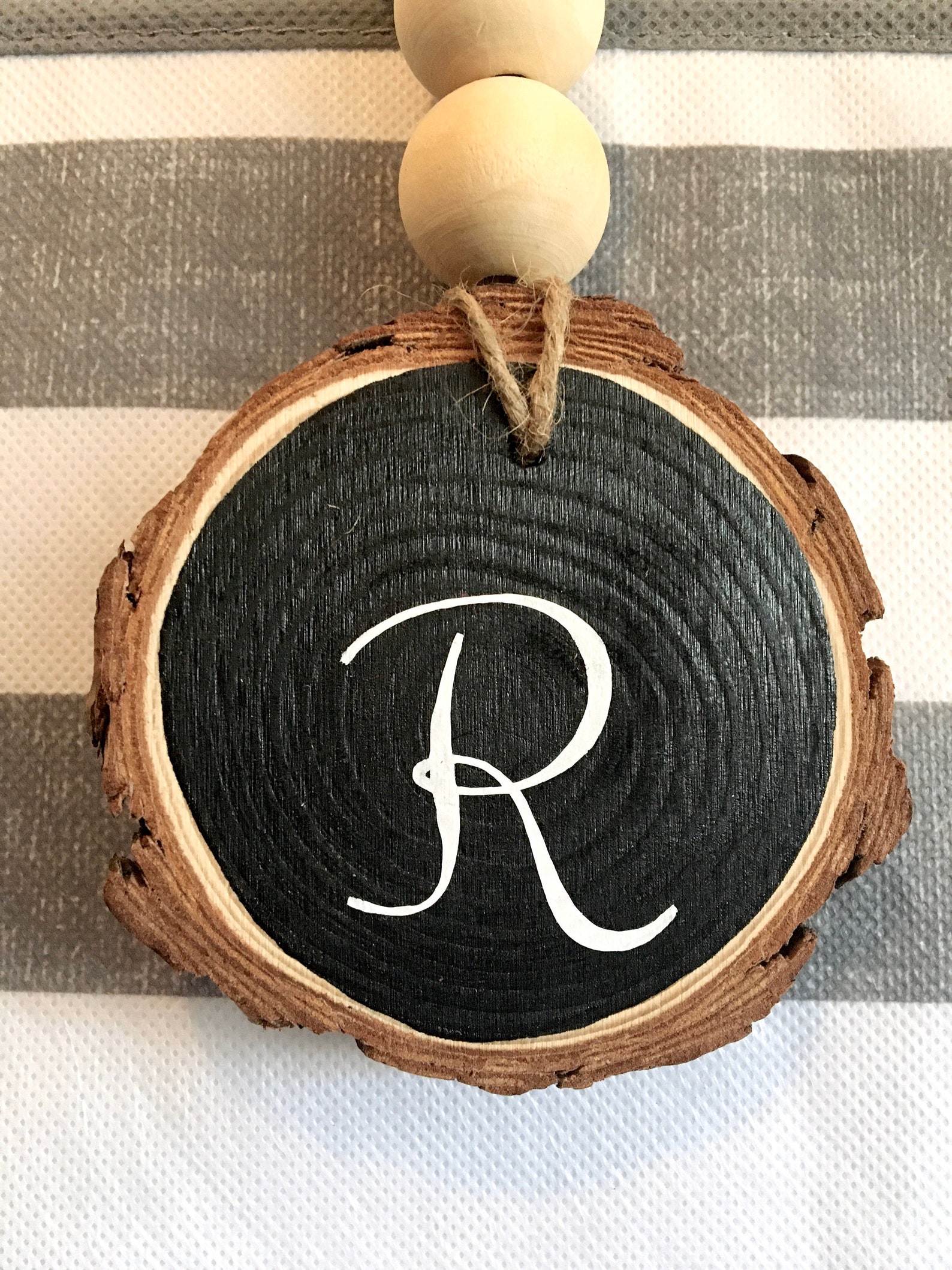 Monogrammed Wood Slice Monogrammed Wood Ornament Beaded | Etsy