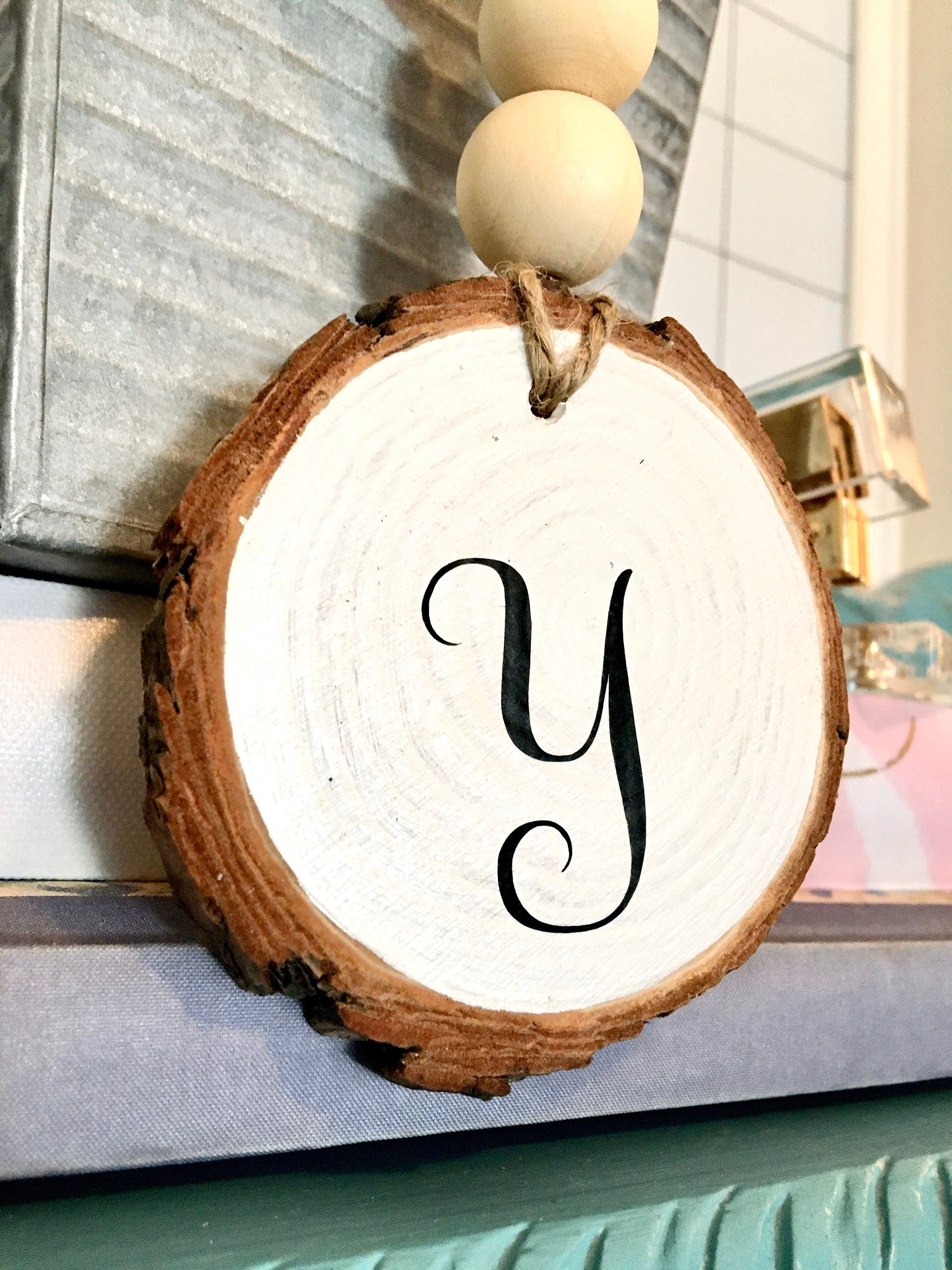 Monogrammed Wood Slice Monogrammed Wood Ornament Beaded - Etsy