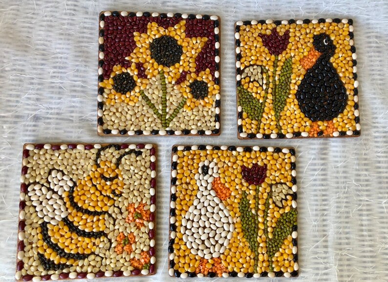 Sunflower Mosaic, Beans and Seeds, Folk Art Sunflower, Bean Art, Yellow ...