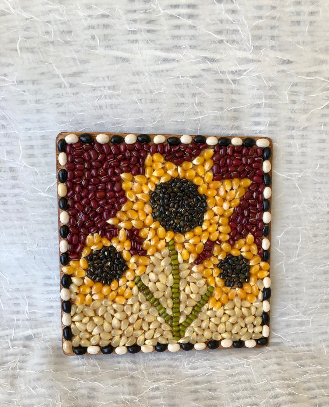 Sunflower Mosaic, Beans and Seeds, Folk Art Sunflower, Bean Art, Yellow ...