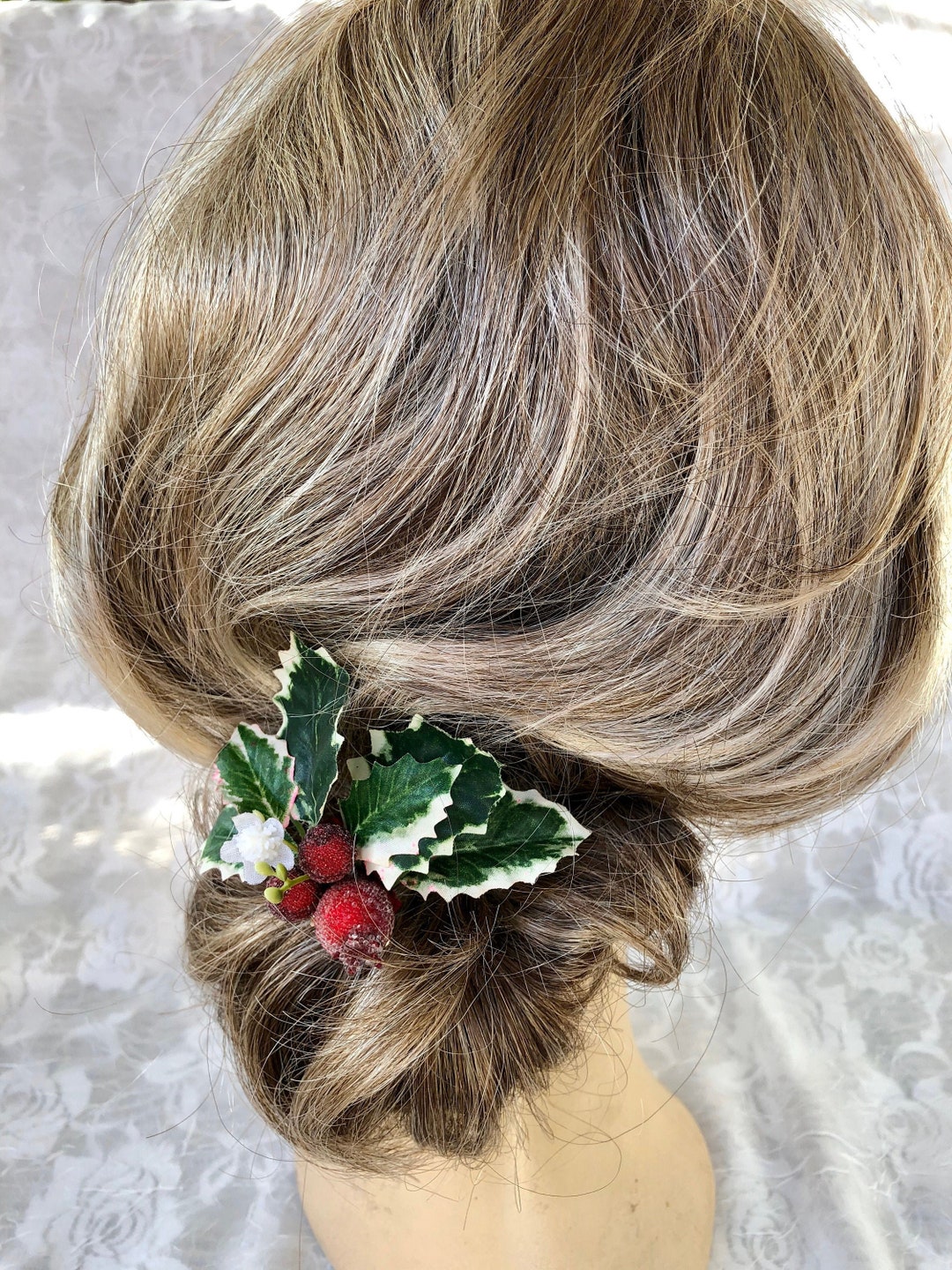 Holly Hair Pin,holly Leaves and Berries,variegated Holly Leaves,sugared ...