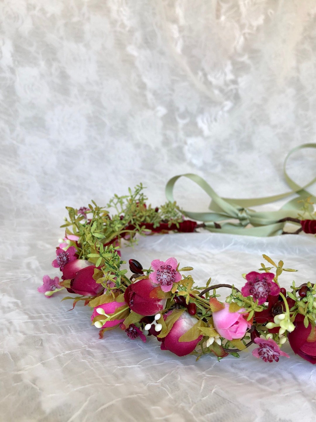 Burgundy Rose Bud Crown,wedding Wreath,mauve,moss Green,pink Rosebuds ...
