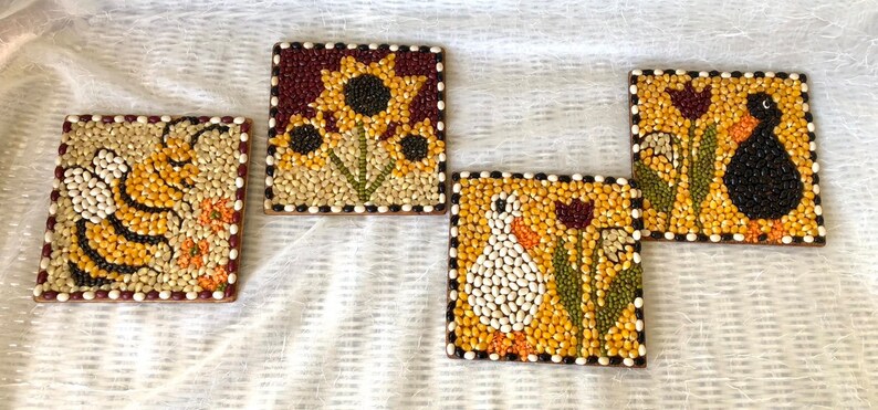 Sunflower Mosaic, Beans and Seeds, Folk Art Sunflower, Bean Art, Yellow ...