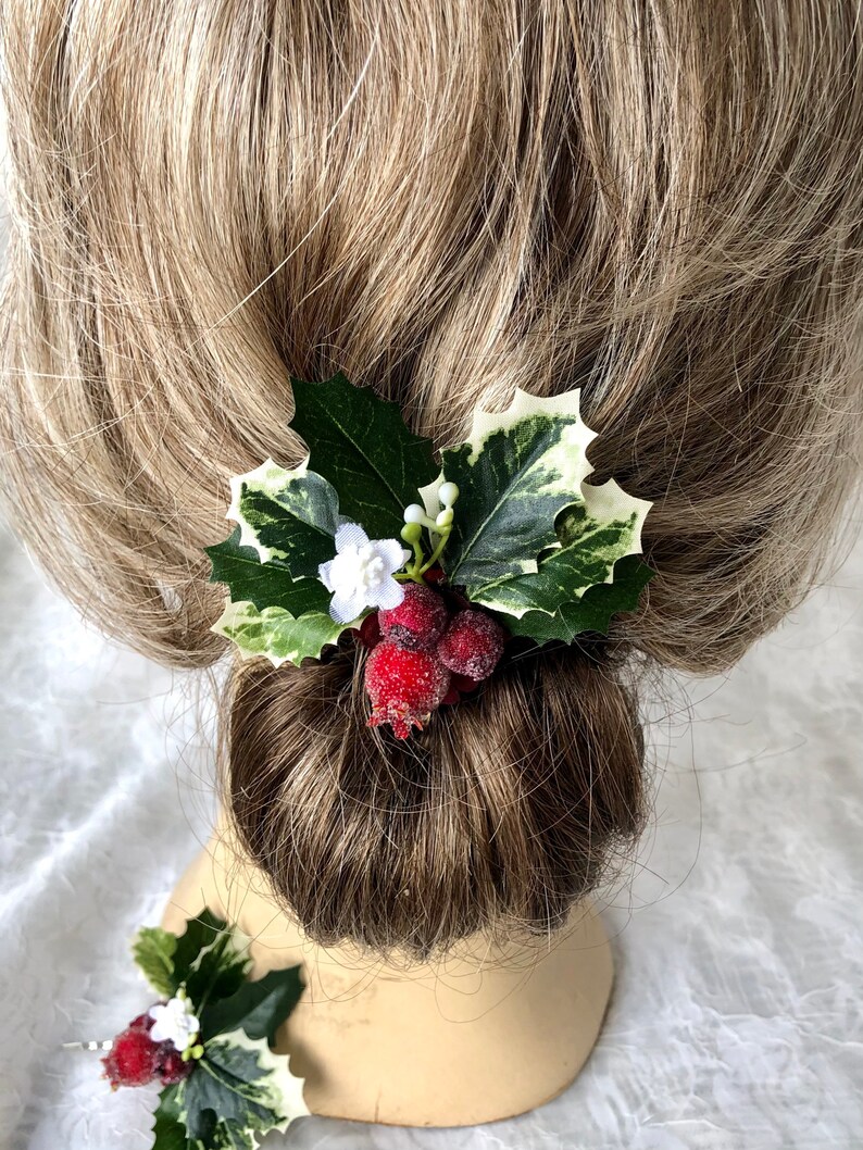 Holly Hair Pin,holly Leaves and Berries,variegated Holly Leaves,sugared ...