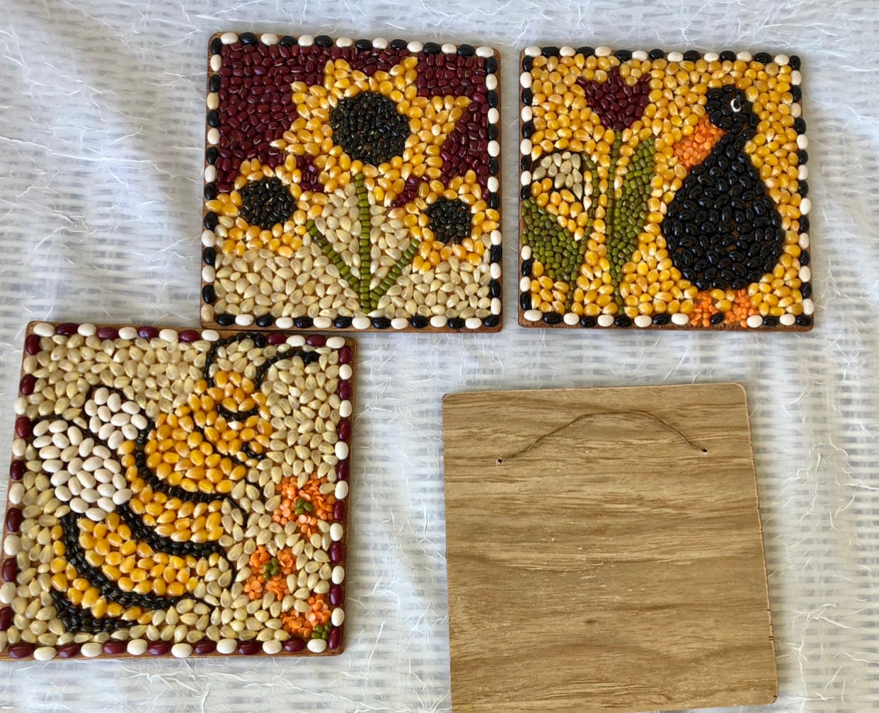 Sunflower Mosaic, Beans and Seeds, Folk Art Sunflower, Bean Art, Yellow ...