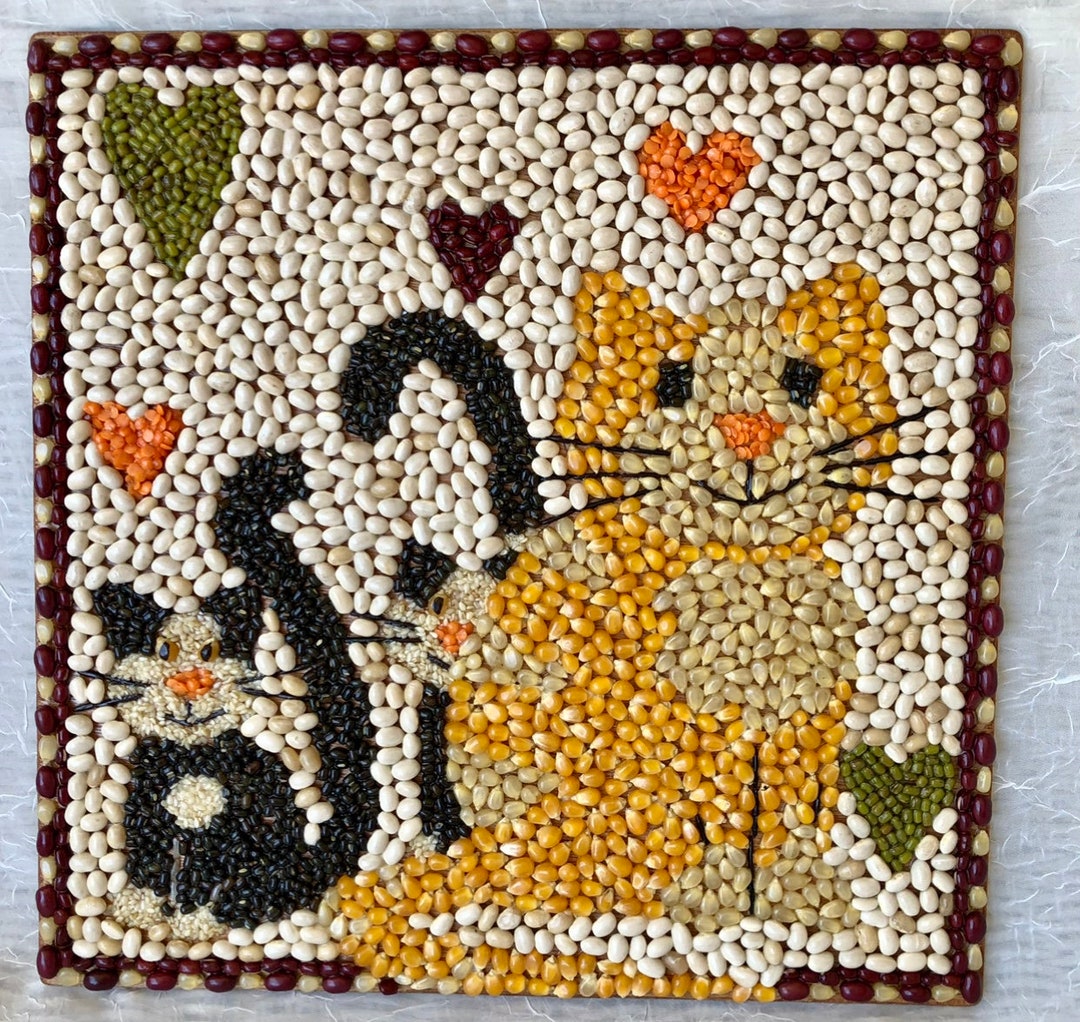 Mosaic, Bean Art, Whimsical, Folk Art, Repurposed Materials, Cat ...