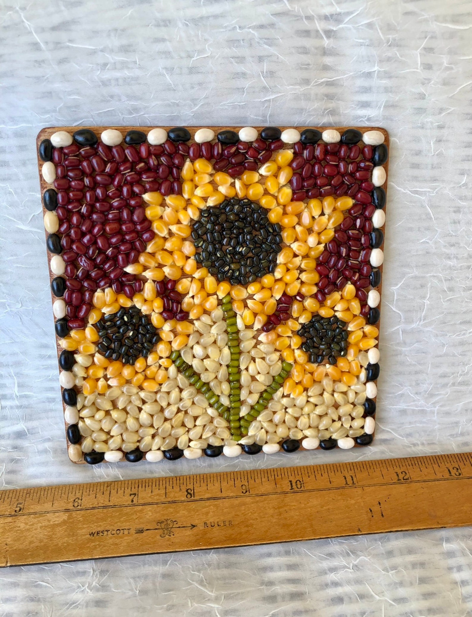 Sunflower Mosaic, Beans and Seeds, Folk Art Sunflower, Bean Art, Yellow ...