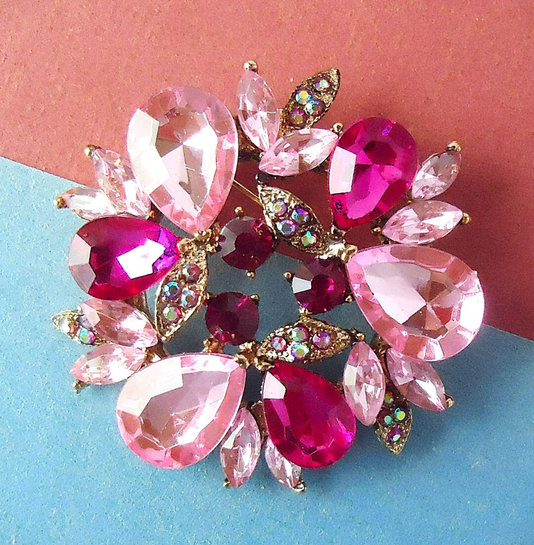 Pink Crystal Brooch Pin Jeweled Hot Pink Fushia Rhinestone Bridal ...