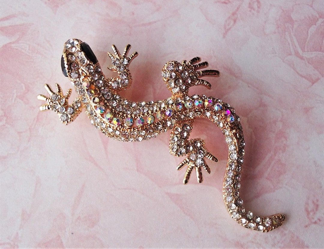 Lizard Crystal Brooch, Gecko, Salamander, Rhinestone Pin, Jeweled ...