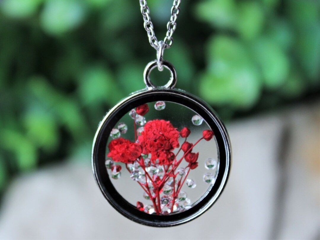 Pressed Real Flower Necklace Red Crystal Botanical Floral Silver Dried ...