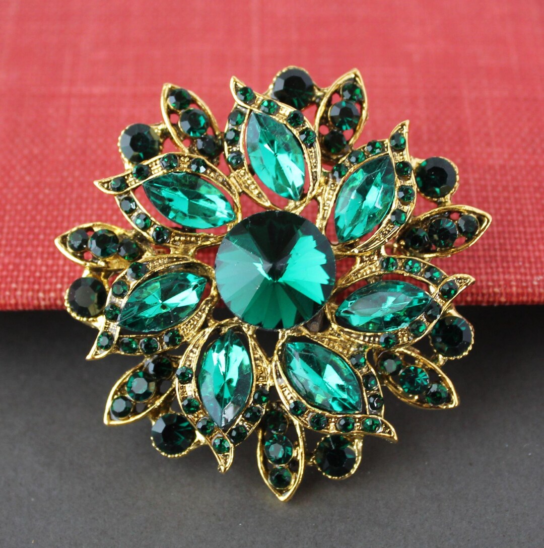 Emerald Green Crystal Brooch, Rhinestone Pin, Jeweled, Green, Bridal ...