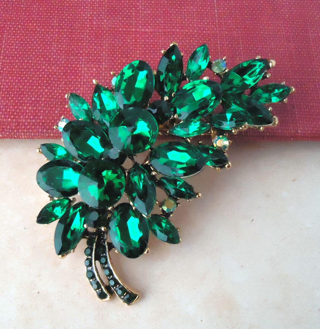 Emerald Green Crystal Brooch: Gold Floral Rhinestone Pin, Bridal ...