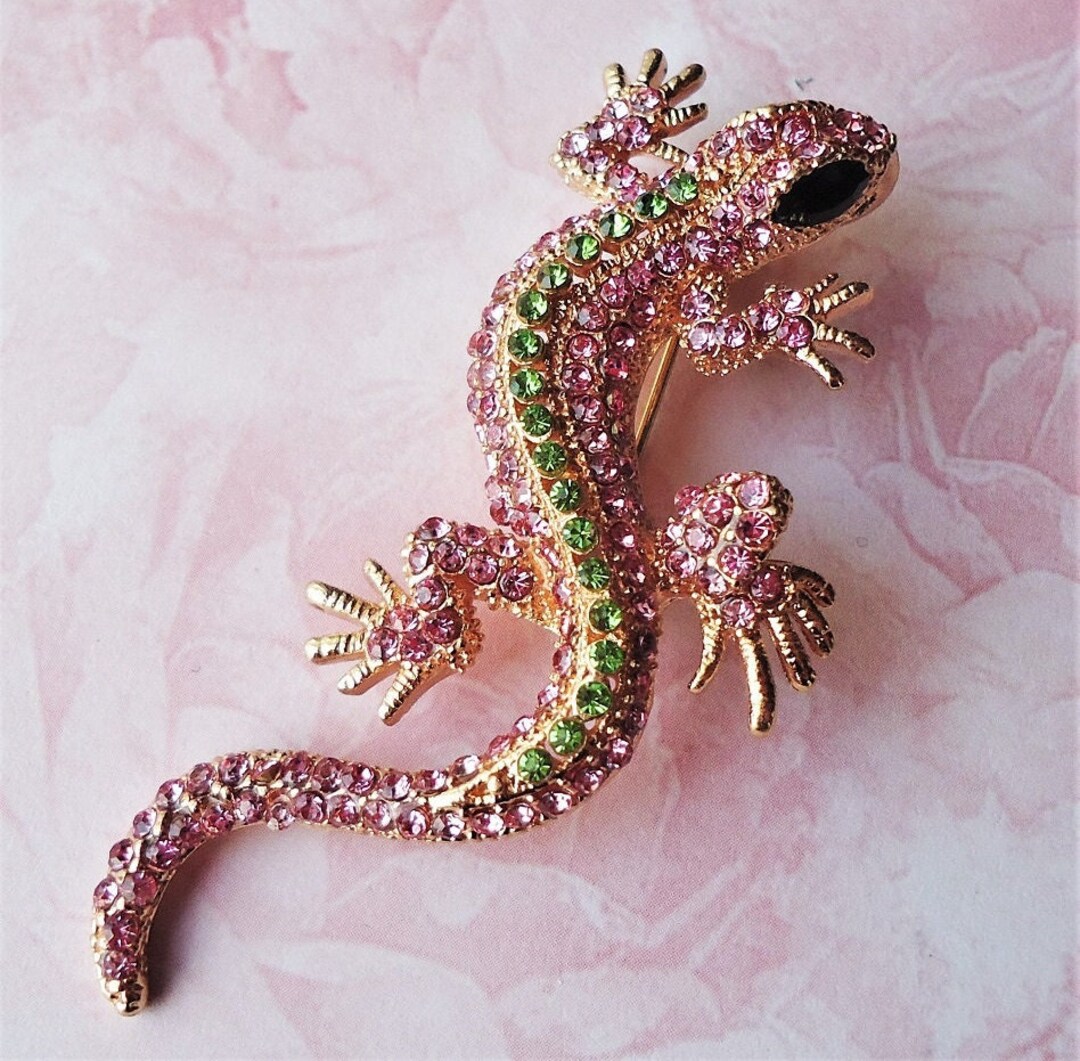 Lizard Brooch Gecko Salamander Pin Jeweled Pink Green Multi Colors ...
