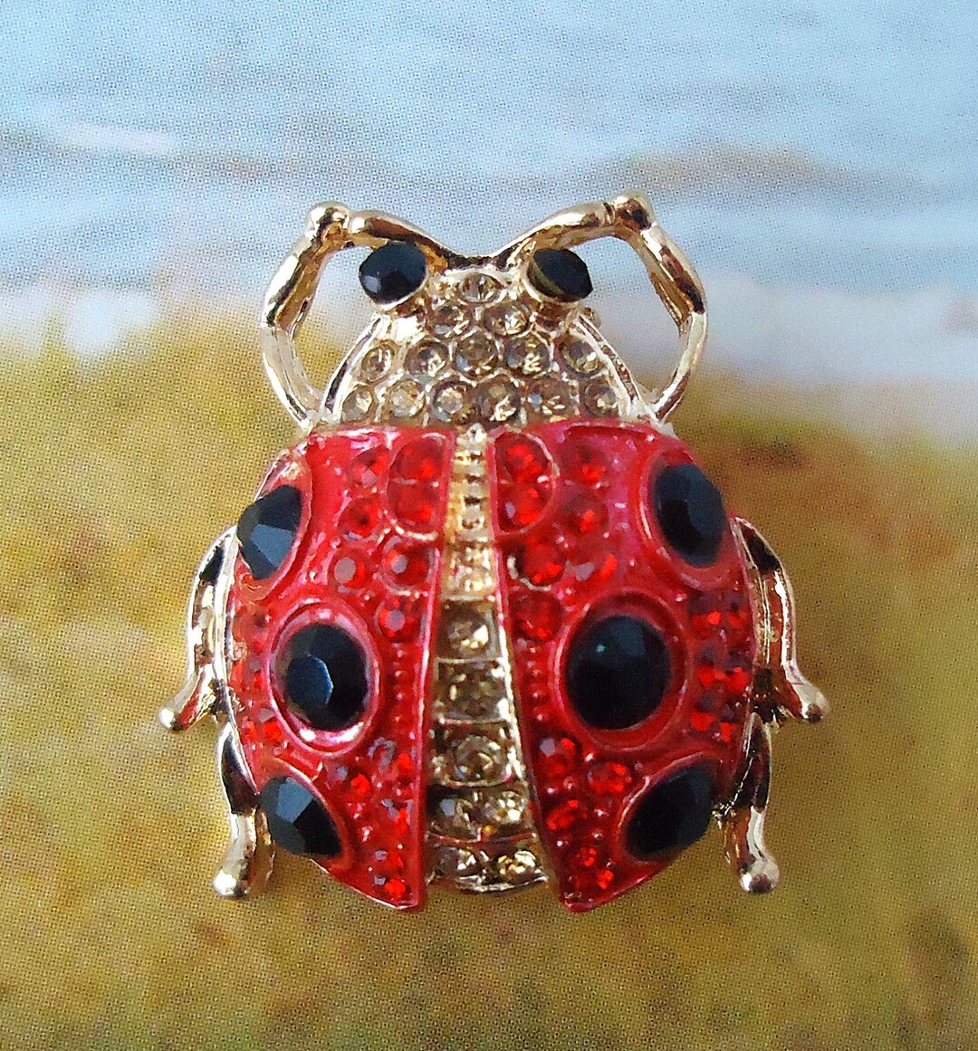Ladybug Brooch Red Black Pin Jeweled Crystal Rhinestone Bridal ...