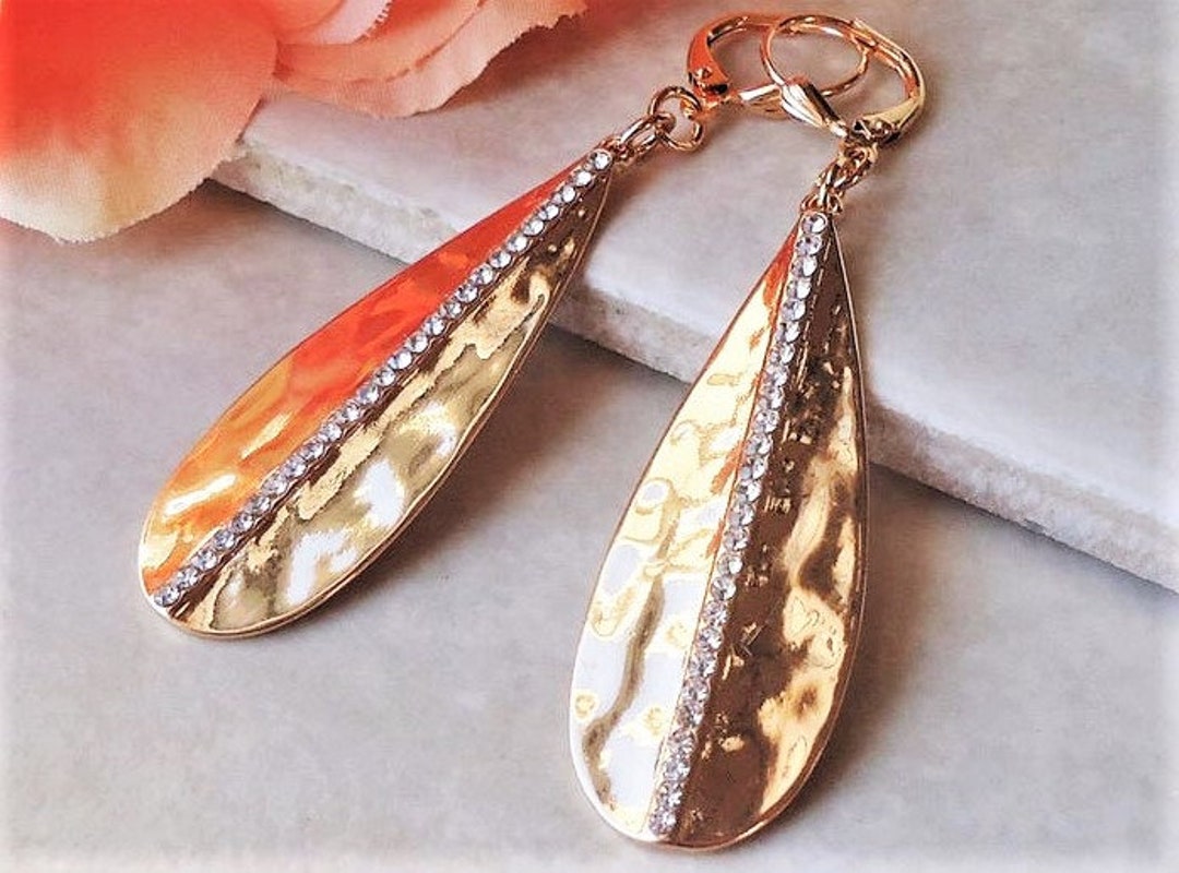 Tear Drop Metal Earrings Hammered Jeweled Metal Moroccan Crystal Gold ...