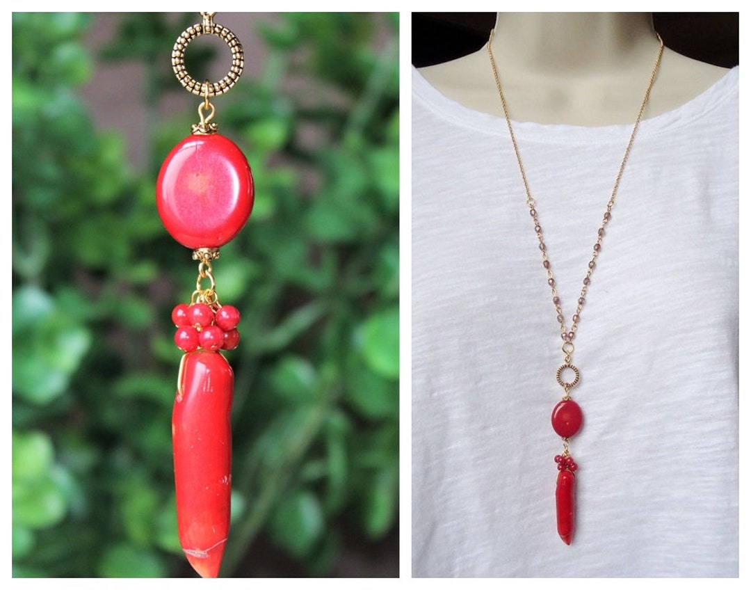 Red Coral Stone Pendant Long Necklace Crystal Gold Chain Silver Beaded ...
