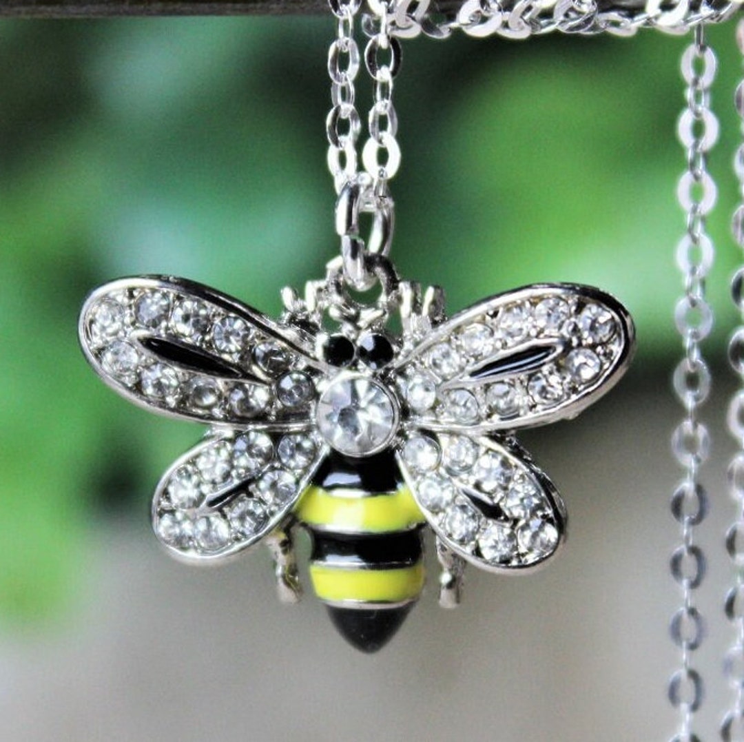 Honey Bee Pendant Necklace Jeweled Painted Chain Sterling Silver Chain ...