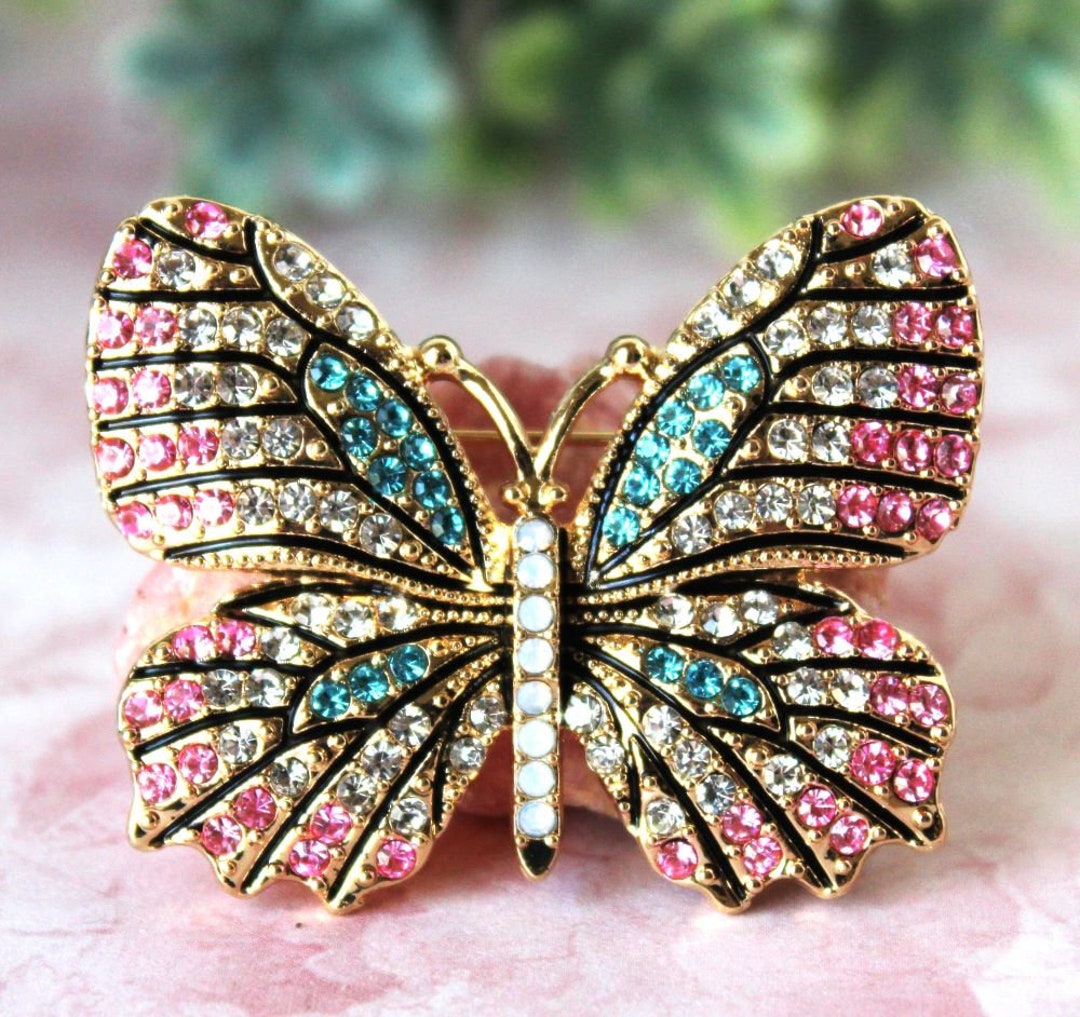 Butterfly Brooch Pin Jeweled Crystal Rhinestone Pink Blue Bridal Insect ...