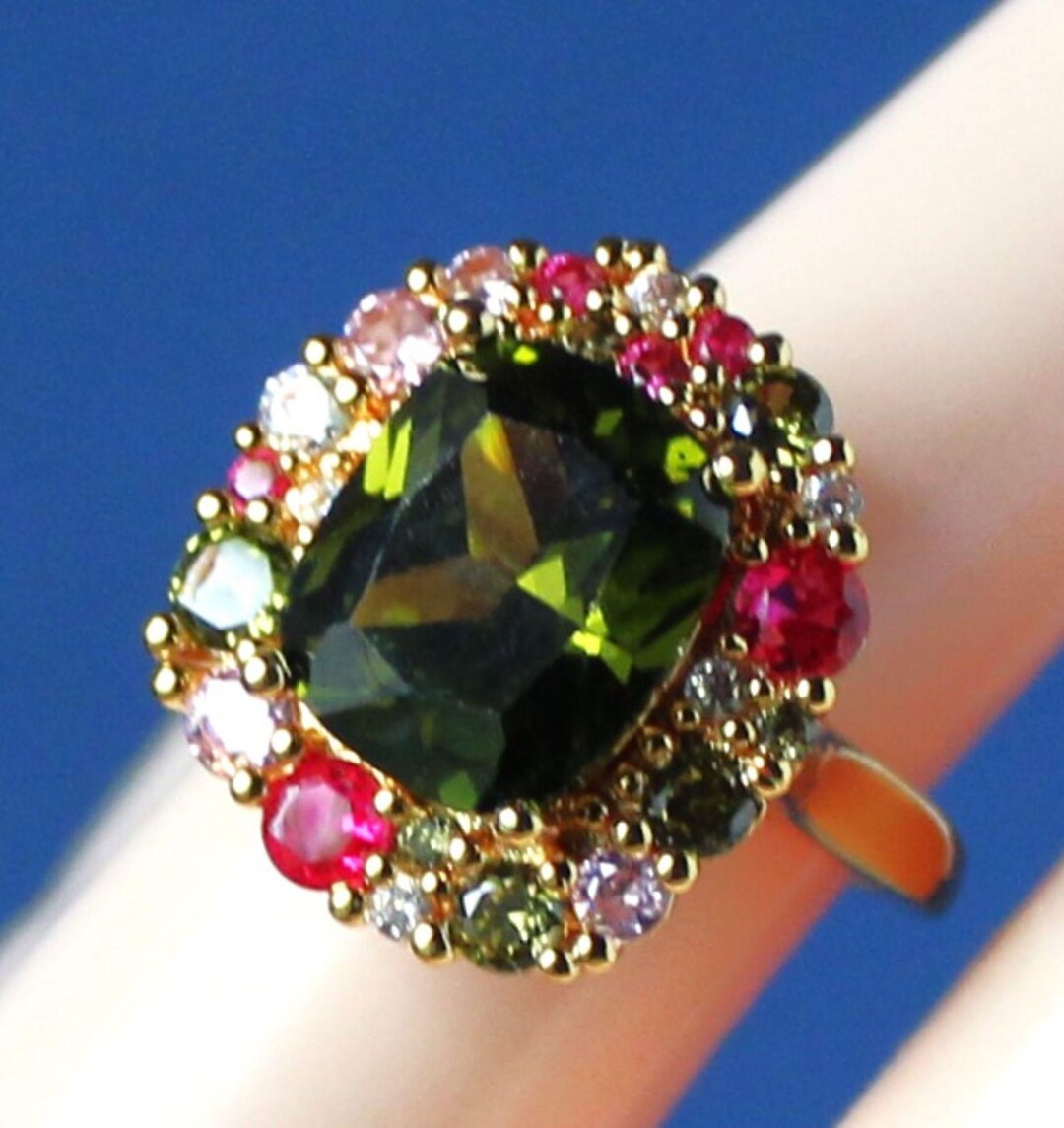 Olive Green Crystal Cocktail Ring: Gold Rhinestone Bridal Statement ...