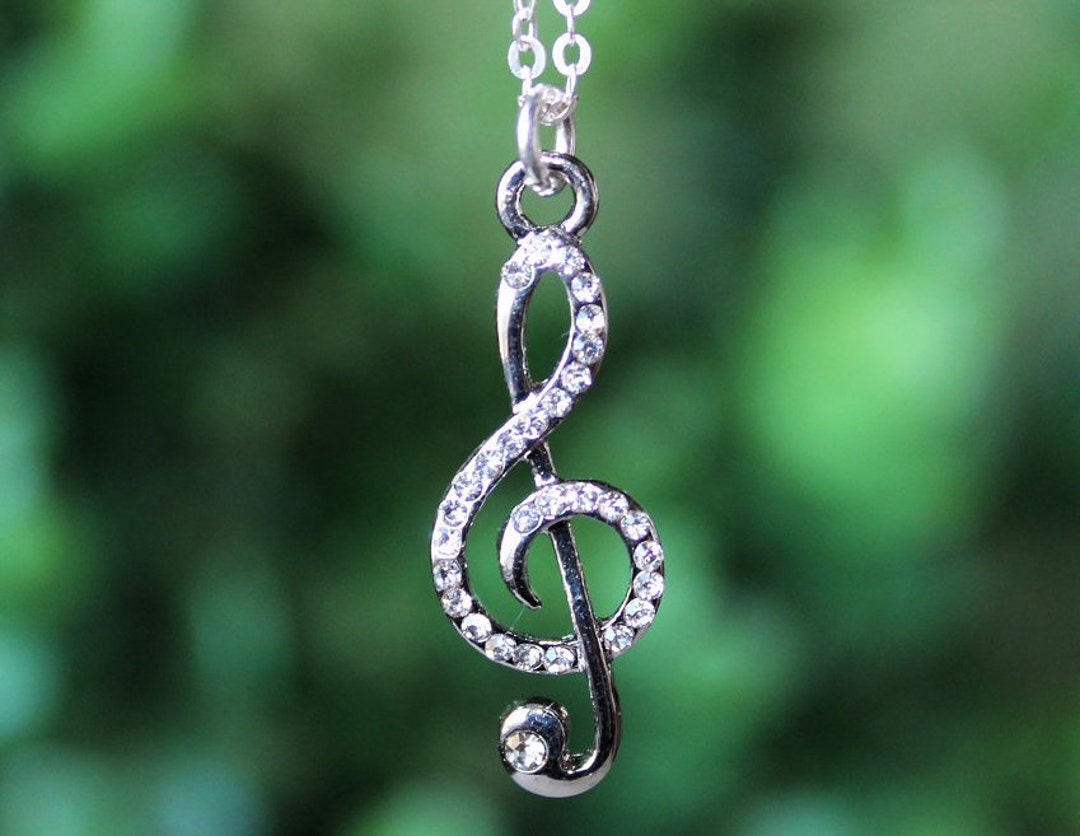 Treble Clef Pendant Necklace Musician Silver Chain Jeweled Music Note G ...