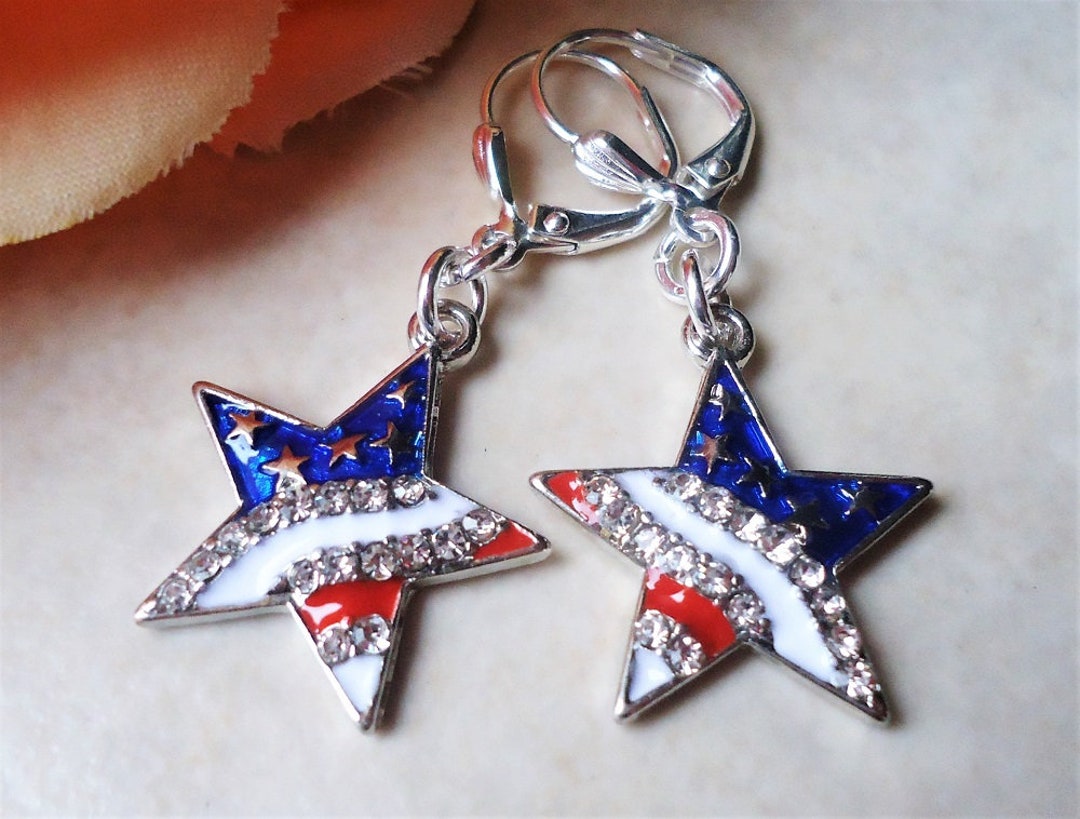 American Flag Dangle Earrings: Crystal Jeweled, Silver Statement ...