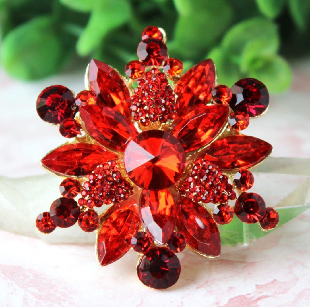 Large Red Crystal Brooch Pin Jeweled Garnet Ruby Rhinestone Round ...