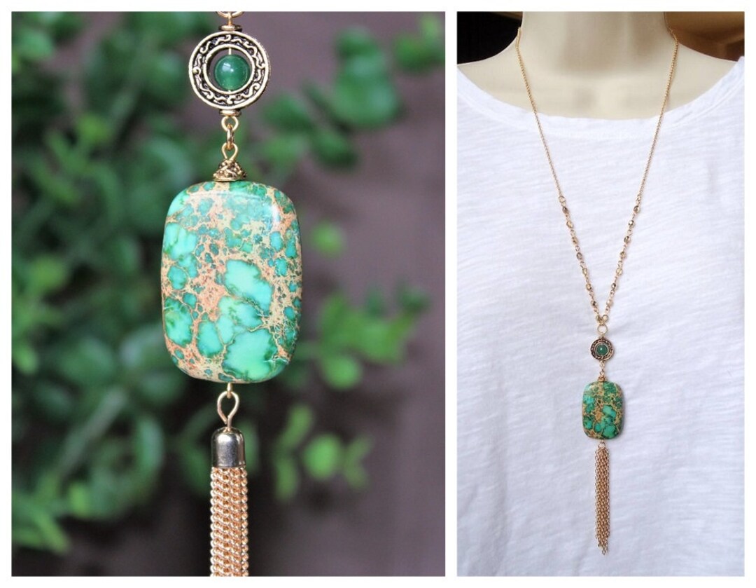 Green Empress Stone Pendant Long Necklace Crystal Tassel Gold - Etsy