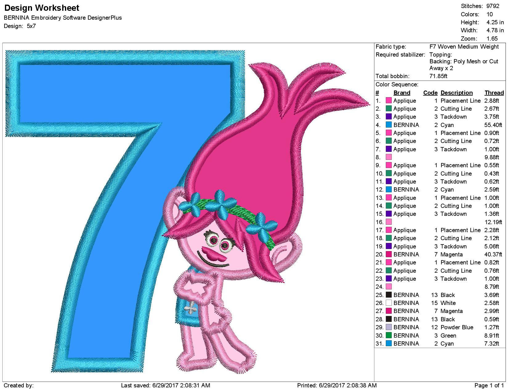 Poppy Troll 7th Birthday Applique Design 3 Sizes for Instant | Etsy