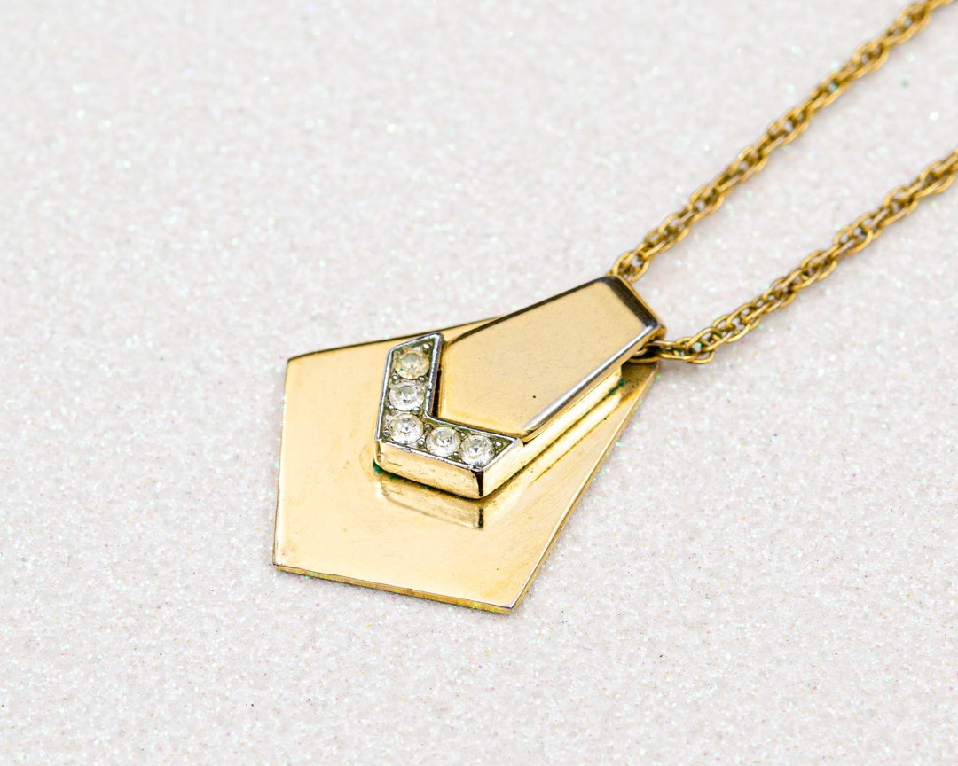 Vintage Crown Trifari Choker Gold Chevron Pendant Necklace Clear ...