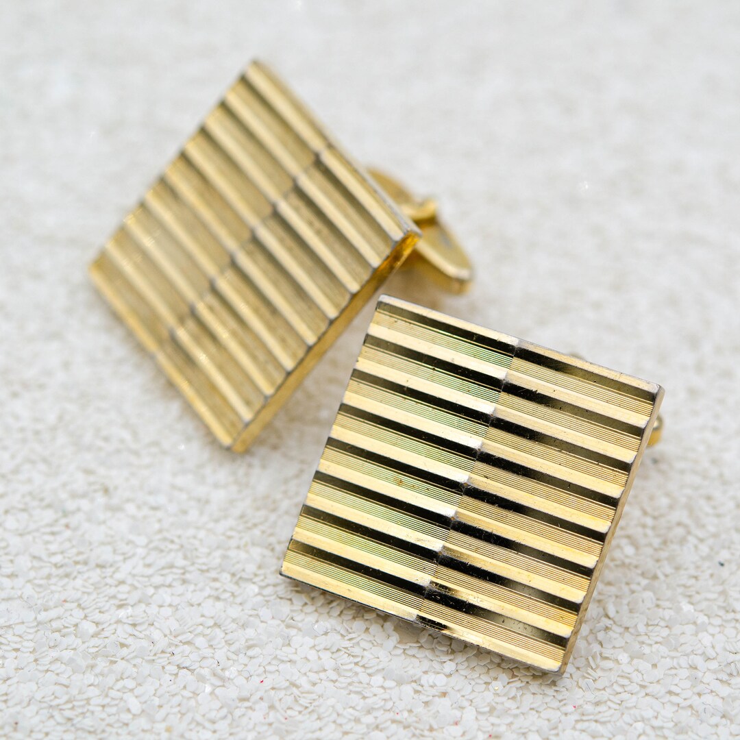 Vintage Gold Diamond Cut Square Cufflinks Oversized Ribbed Cufflinks ...
