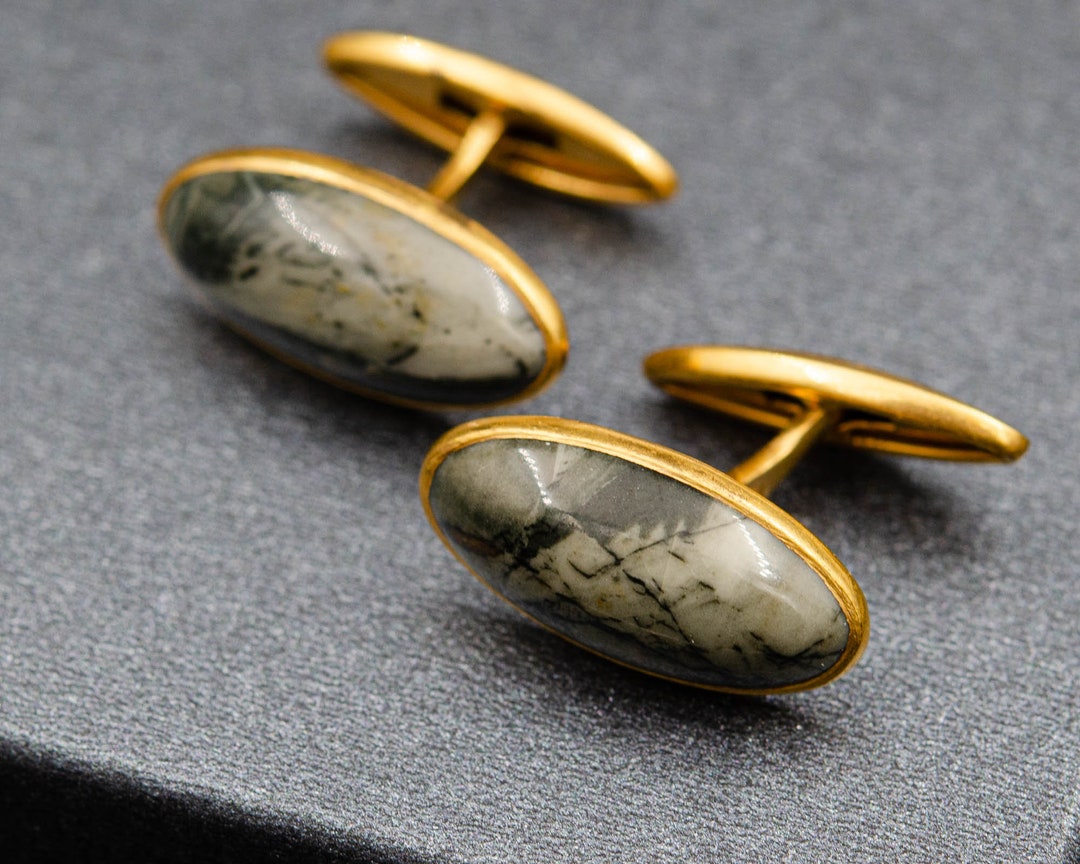 Vintage Soviet Cufflinks With Gems Oval Gemstone Cufflinks Grey Jasper ...