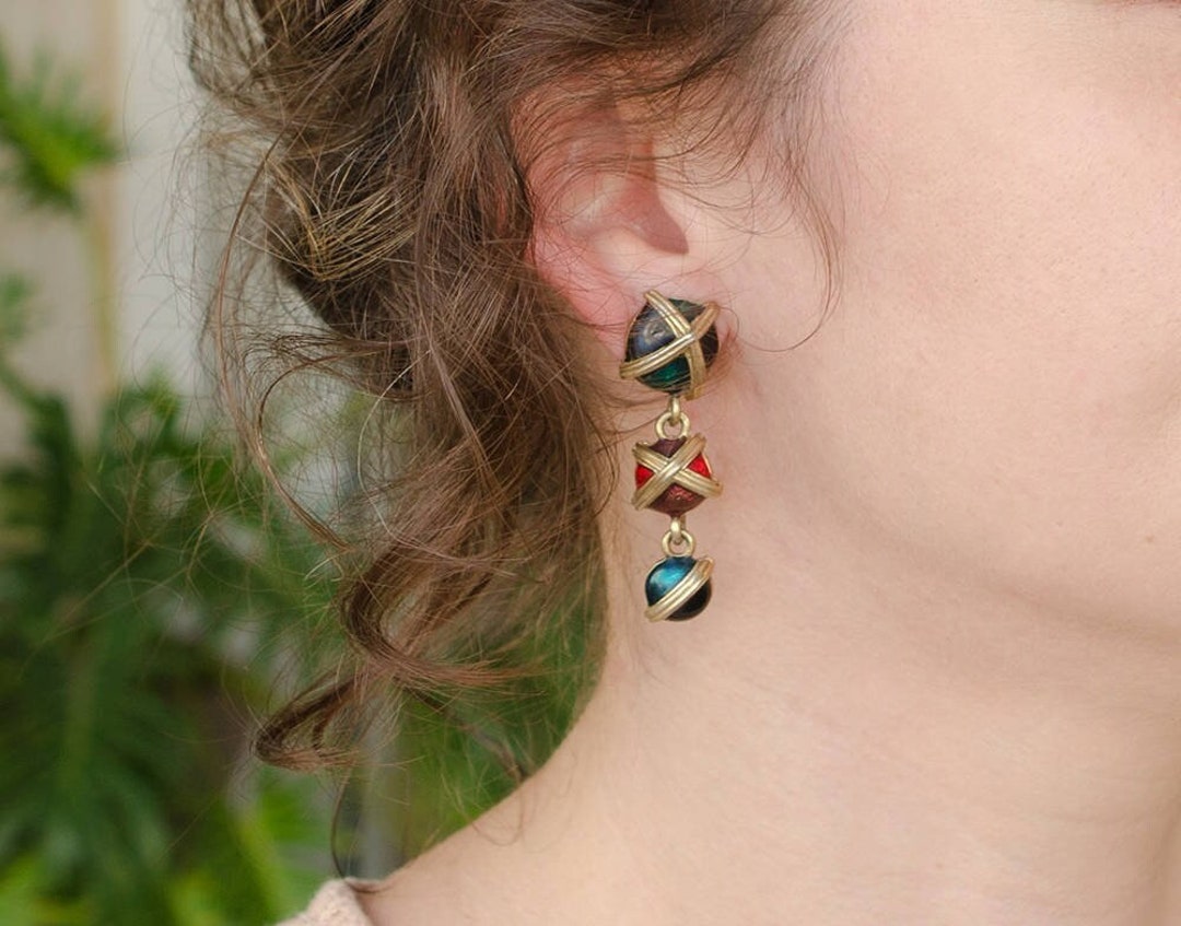 Vintage Bon Bon Earrings Long Red Green Enamel Earrings Gold Ribbon ...