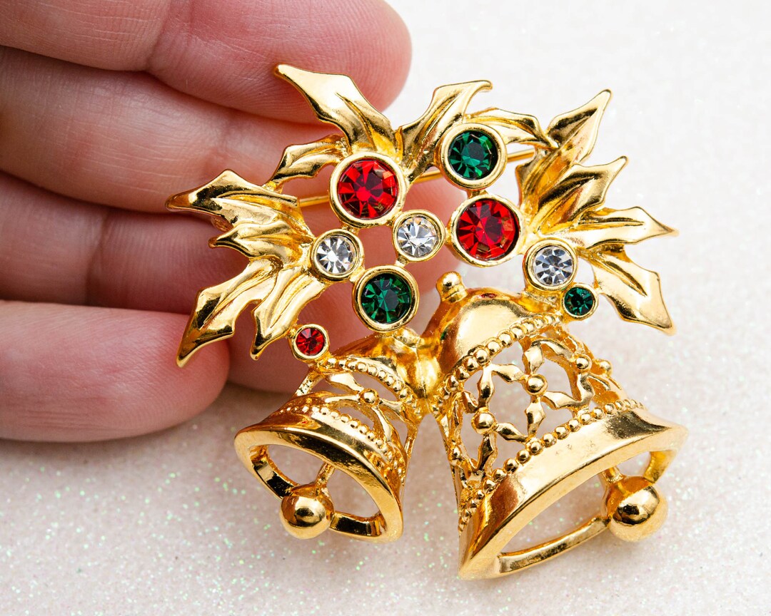 Vintage Avon Christmas Brooch Gold Christmas Bells Pin With Red, Green ...