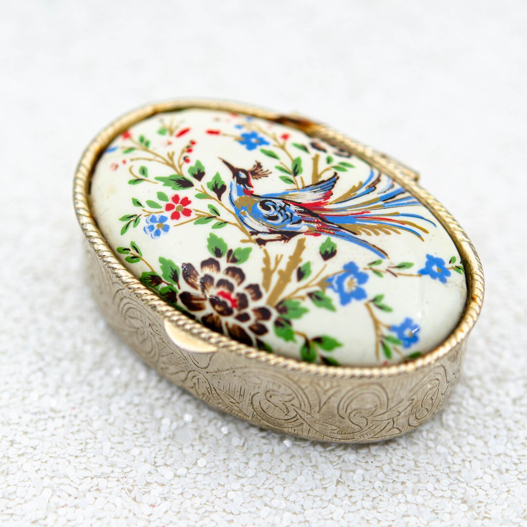 Vintage Phoenix Pill Box Small Gold Oval Pill Case Bird of Paradise ...
