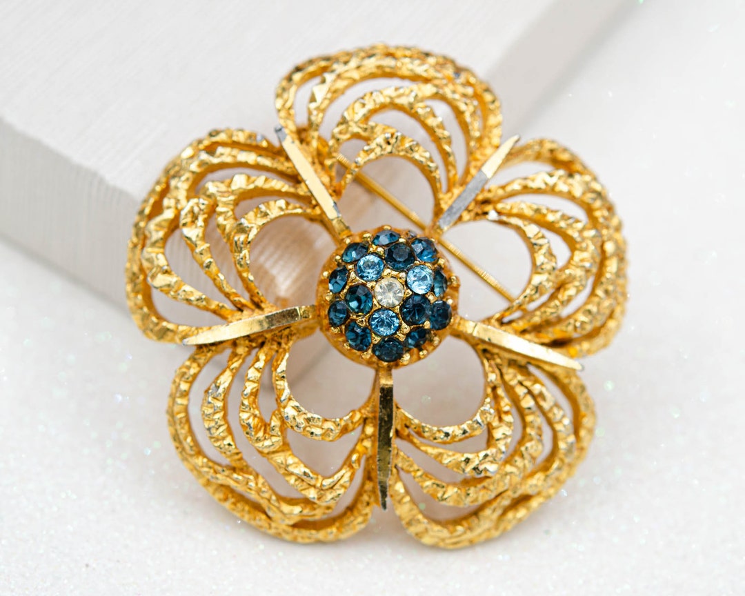 Vintage Big Flower Brooch Sphinx Jewelry Teal Crystal Brooch - Etsy
