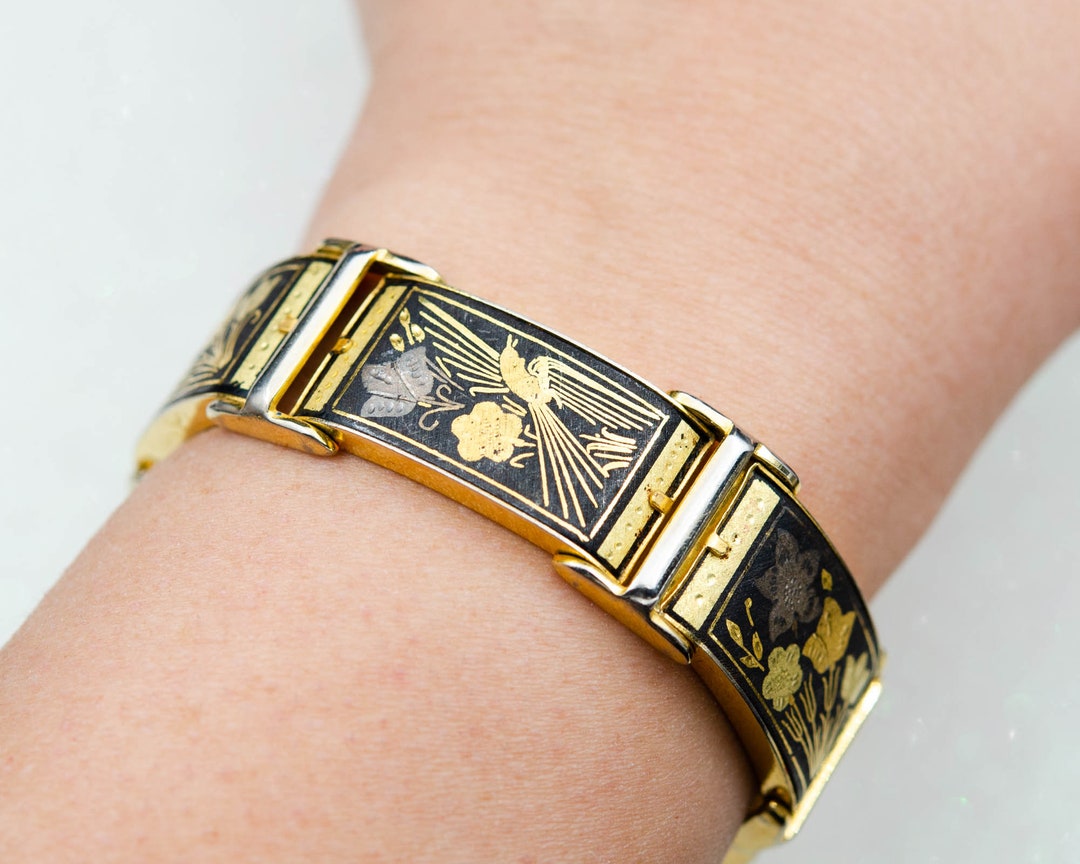 Vintage Spanish Damascene Bracelet With Safety Chain Black - Etsy