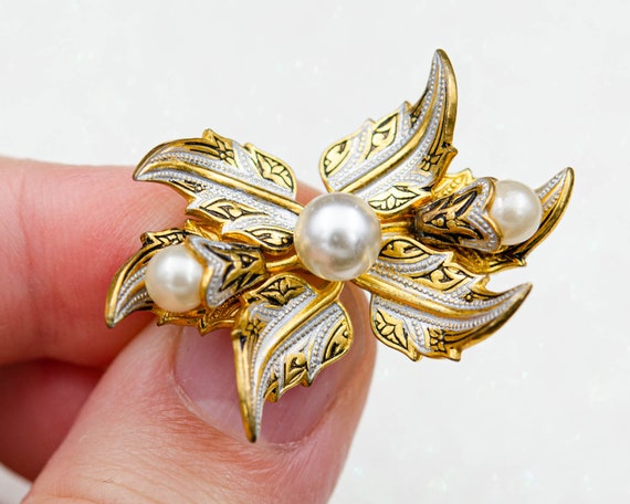 Vintage Spanish Damascene gold flower brooch Ivory pe… - Gem